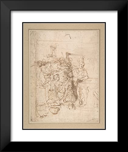 ArtDirect Cesare Nebbia 19x24 Black Modern Frame and Double Matted Museum Art Print Titled - Banquet Scene; a Seated Warrior Attended by a Number of Servants (1536-1614)