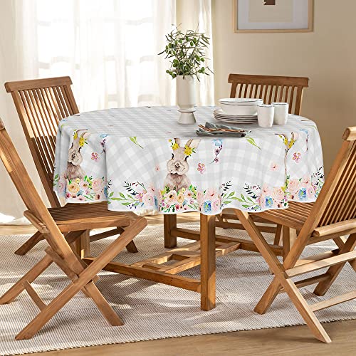 Horaldaily Easter Tablecloth 70x70 Inch Round, Spring Flower Buffalo Plaid Bunny Table Cover for Party Picnic Dinner Decor