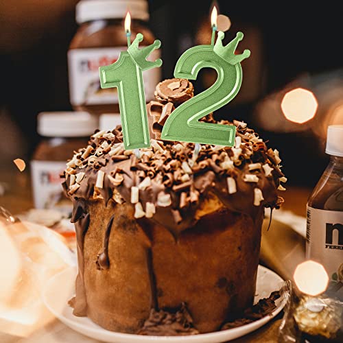 3inch Birthday Number Candle, 3D Candle Cake Topper with Crown Cake Numeral Candles Number Candles for Birthday Anniversary Parties (Green, 2)