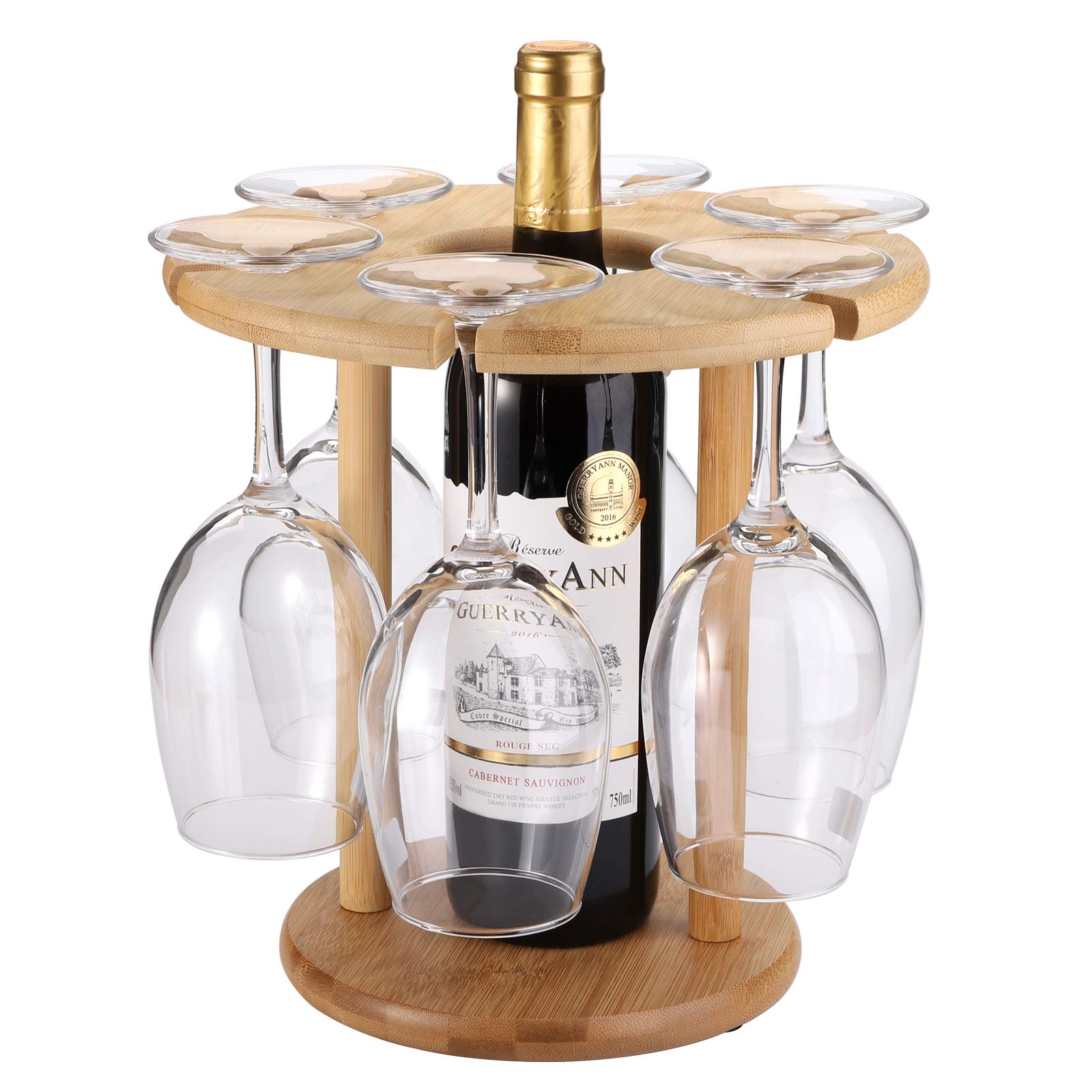 Cedilis Countertop Wine Glass Rack, Tabletop Bamboo Wine Bottle Holder, Wine Glasses Storage Stand, Holds 6 Glasses and 1 Bottle, Perfect for Home Kitchen Decor, Bar, Wine Cellar