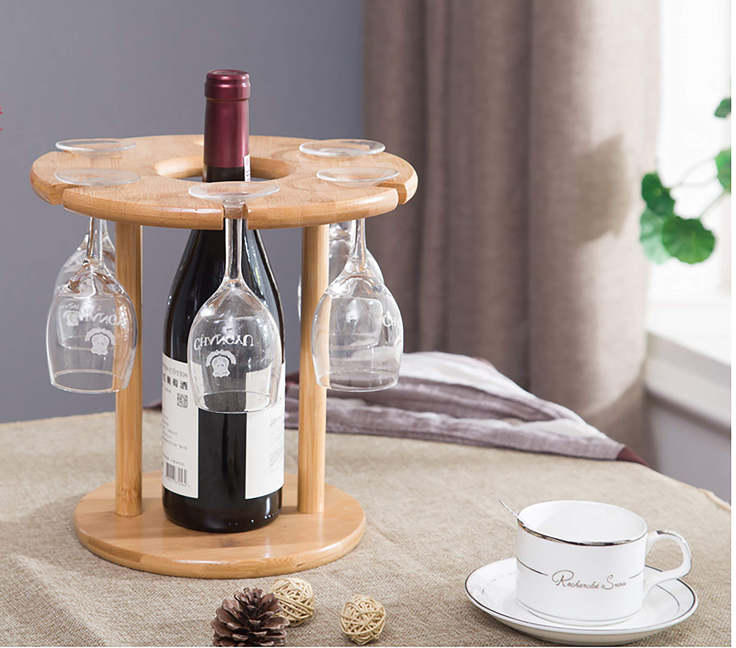 Cedilis Countertop Wine Glass Rack, Tabletop Bamboo Wine Bottle Holder, Wine Glasses Storage Stand, Holds 6 Glasses and 1 Bottle, Perfect for Home Kitchen Decor, Bar, Wine Cellar