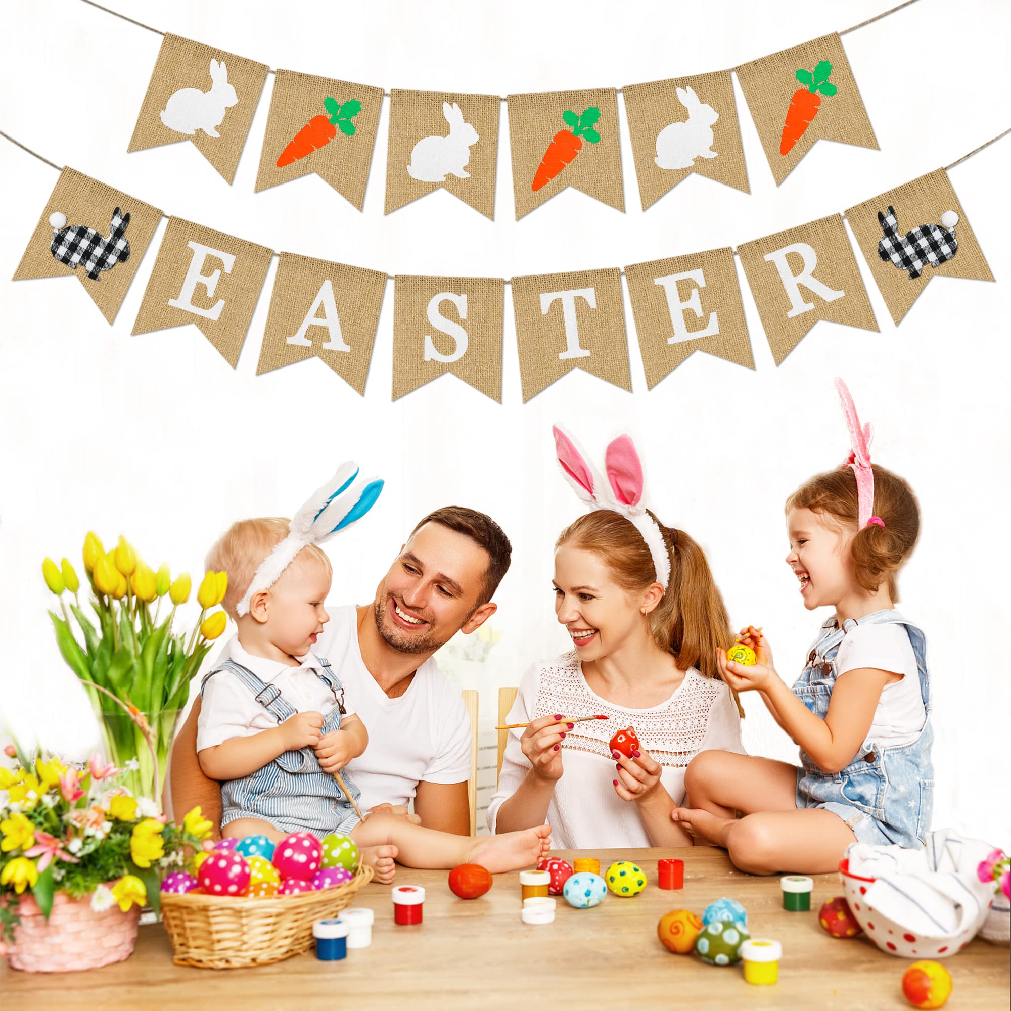 Easter Burlap Banner with Buffalo Plaid Bunny - NO DIY - Rustic Farmhouse Easter Decorations, Easter Bunny Rabbit Carrot Bunting Garland for Home Mantle - Easter Bunny Banner - Easter Party Decor