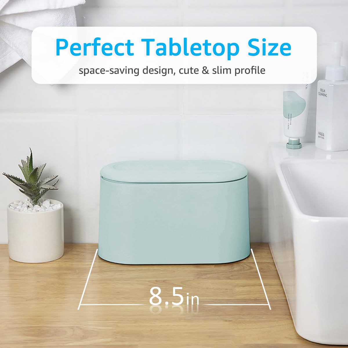 AYADA Mini Trash Can with Lid, Press-Type with Removable Inner Plastic Small Garbage Can Little Tiny Waste Basket Compact Covered Closable Trash Bin, Desk Countertop Office Kids Oval Rectangle (White)