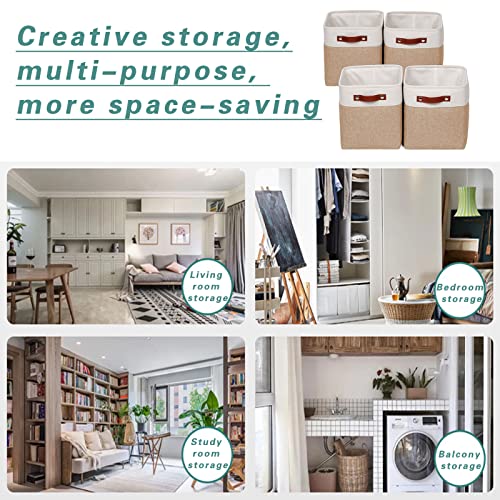 Jossens 11 Inch Fabric Baskets with Leather Handles,Foldable Cubes Storage Bins Set of 4 for Cube Organizer Home Toy Nursery Closet Bedroom(Khaki)