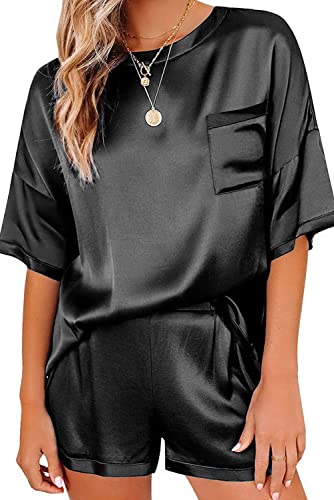 Ekouaer Women Satin Sleepwear Slip 2 Piece Pajamas Silk Pjs Short Sleeve Top and Loose Shorts Nightwear(Black, Medium)