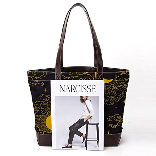 Sun and Moon Art Black Pattern Tote Bags Large Leather canvas Purses and Handbags for Women Top Handle Shoulder Satchel Hobo Bags