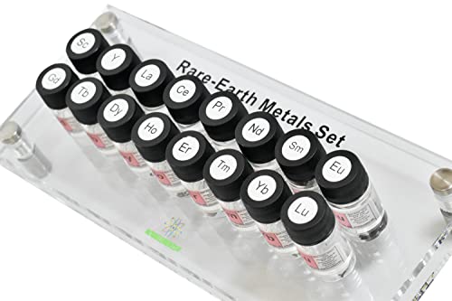 Rare Earths Metals Set 16 Elements Scandium to Lutetium in Labeled Glass Vial with Acrylic Table