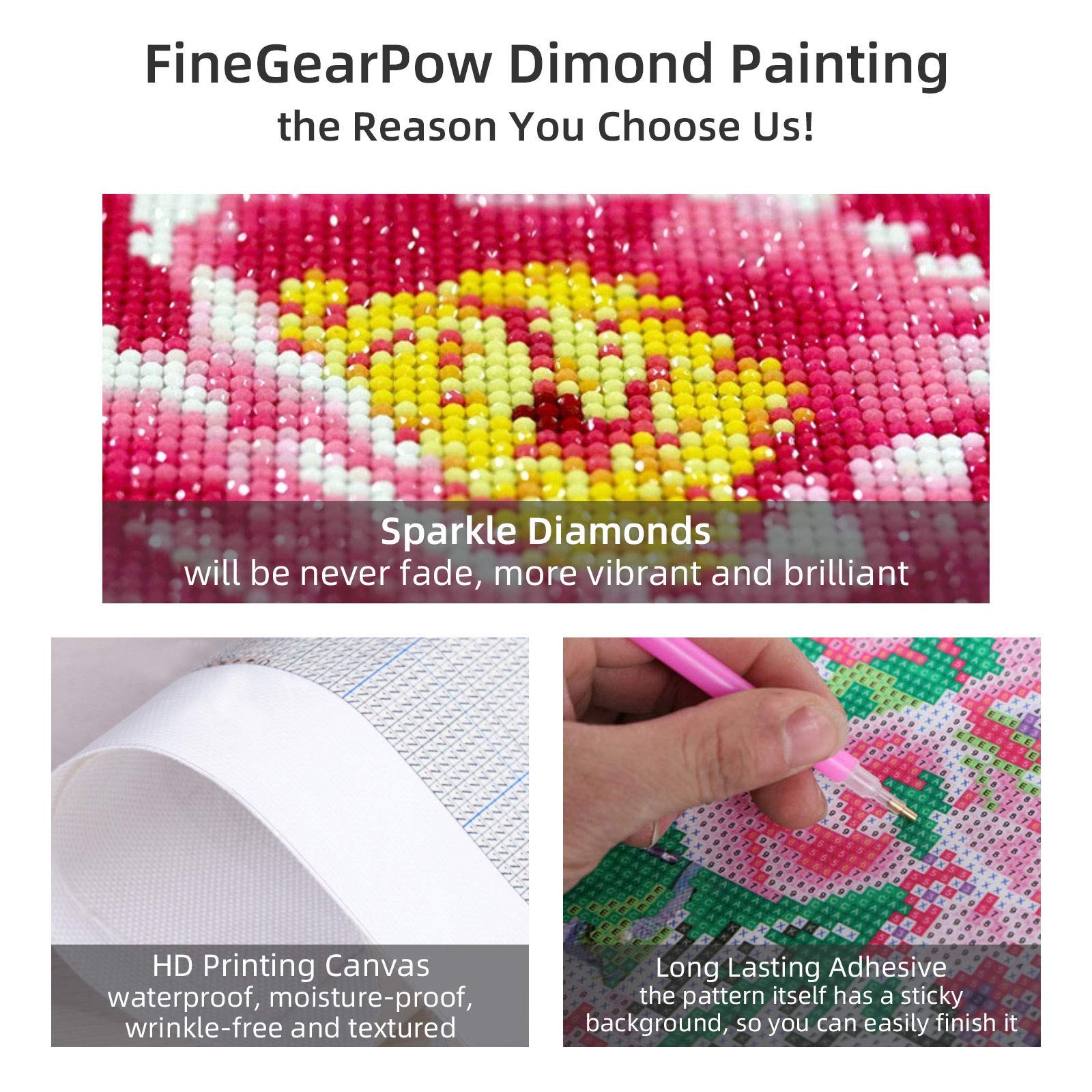 FineGearPow 4 Pack 5D Diamond Painting Kits for Adults, DIY Diamond Art for Adults, Full Drill Crystal Art for Home Wall Decor Diamond Dots, 11.8" x 11.8" / 15.7" (Peacock Elephant Trees Night)