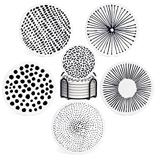 WYLHXYQQ Absorbent Ceramic Coasterļ¼Drink Coasters Set of 6ļ¼ with a Bracket, Cork Base, Heat Resistant Coaster, Suitable for Home, Kitchen, Bar, Office, Birthday Gift (Black and White dot)