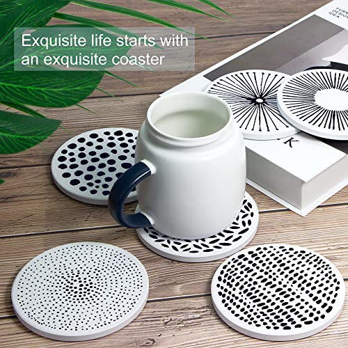 WYLHXYQQ Absorbent Ceramic Coaster,Drink Coasters Set of 6, with a Bracket, Cork Base, Heat Resistant Coaster, Suitable for Home, Kitchen, Bar, Office, Birthday Gift (Black and White dot)