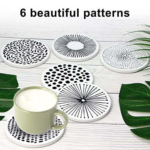 WYLHXYQQ Absorbent Ceramic Coaster,Drink Coasters Set of 6, with a Bracket, Cork Base, Heat Resistant Coaster, Suitable for Home, Kitchen, Bar, Office, Birthday Gift (Black and White dot)