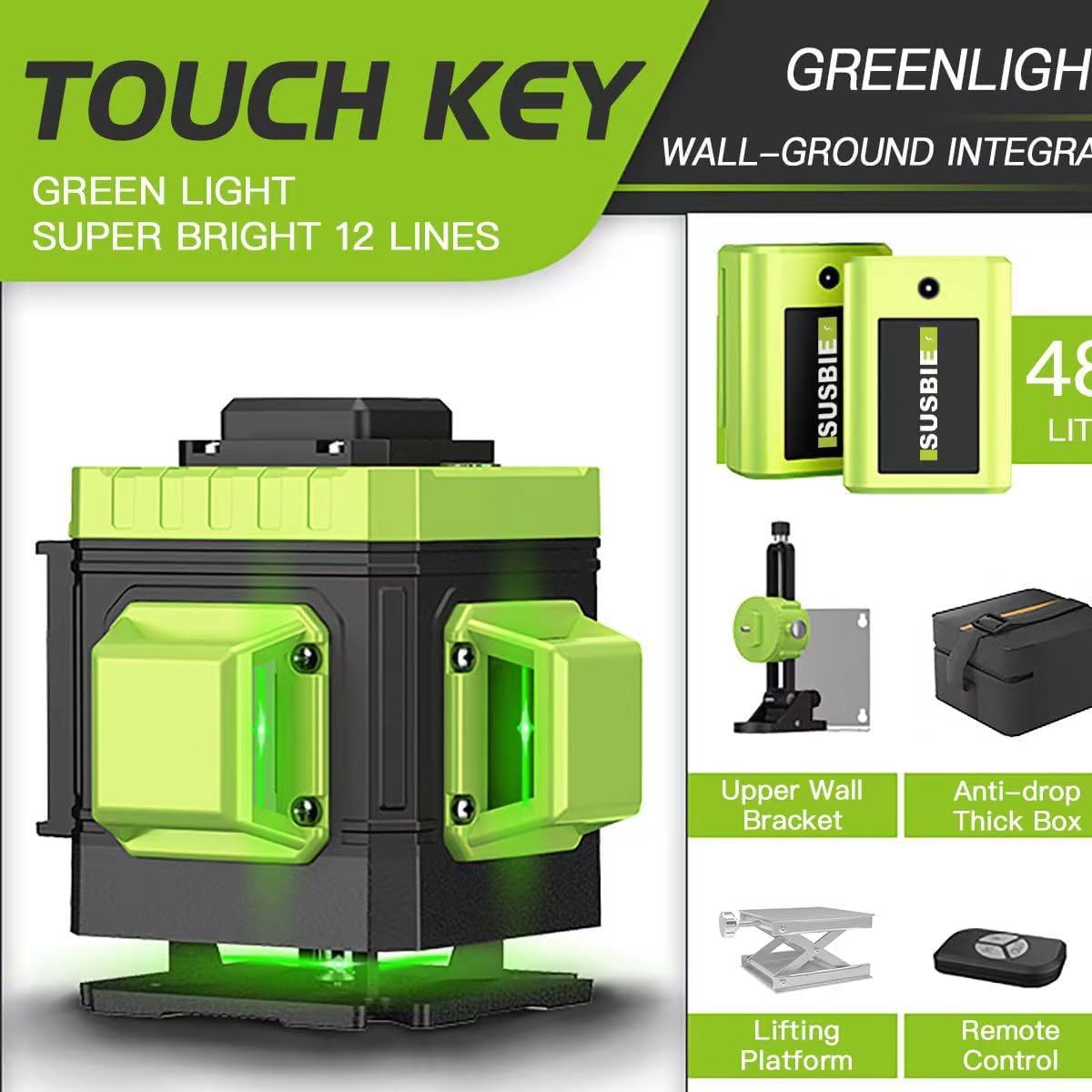 Susbie Laser Level -3x360° Cross Line Laser for Construction and Picture Hanging-12 Green Lasers with Self-leveling-Level Tool with 10000 mAh Rechargeable Battery