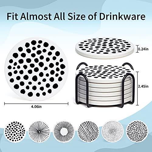 WYLHXYQQ Absorbent Ceramic Coaster,Drink Coasters Set of 6, with a Bracket, Cork Base, Heat Resistant Coaster, Suitable for Home, Kitchen, Bar, Office, Birthday Gift (Black and White dot)