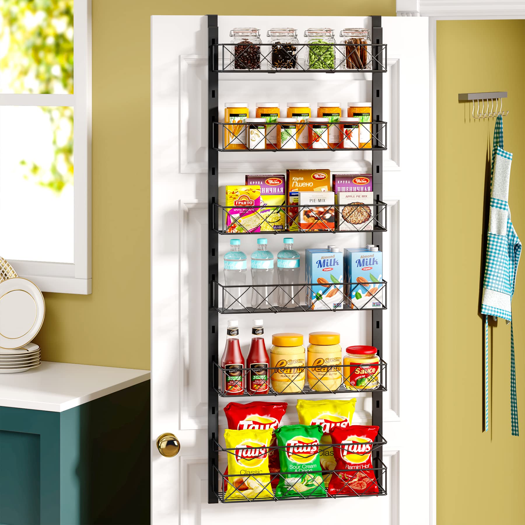 1Easylife Over The Door Pantry Organizer Rack, 6-Tier Adjustable Pantry Organization and Storage, Heavy-duty Metal Door Spice Rack with Detachable Baskets, Hanging Can Organizer for Kitchen Pantry