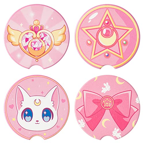 4Pcs Anime Moon Cat Car Coasters with Finger Notch Aesthetic Moon Cat Shaped Absorbent Ceramics Heat Resistant Anti Slip Cork Base Car Drinks Coasters Auto Accessories for College Back to School Gifts