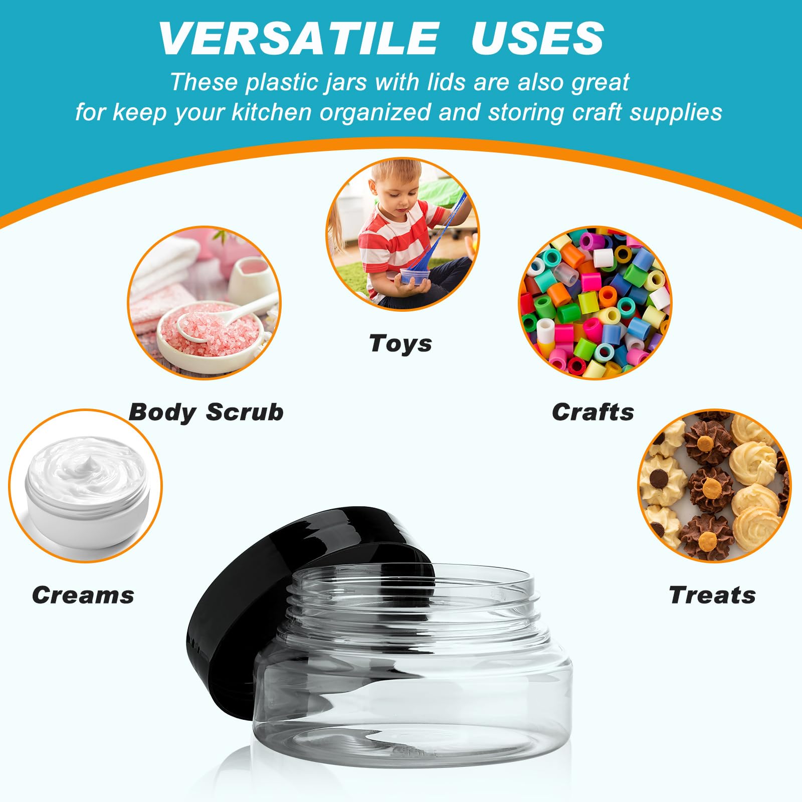 Tessco 24 Pack Plastic Jars with Lids Labels Empty Clear Plastic Jars Round Refillable Cosmetic Containers Body Butter Containers Bulk Sugar Scrub Bottle for Make Up(5 oz,Clear)
