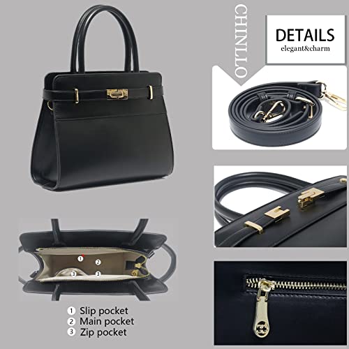 Chinllo Womens Top-Handle Handbag Every day Satchel Leather Purse Crossbody Bag with Long Detachable Strap(Black)