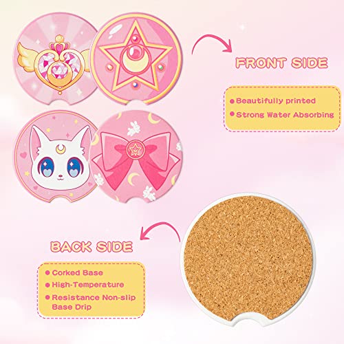 4Pcs Anime Moon Cat Car Coasters with Finger Notch Aesthetic Moon Cat Shaped Absorbent Ceramics Heat Resistant Anti Slip Cork Base Car Drinks Coasters Auto Accessories for College Back to School Gifts
