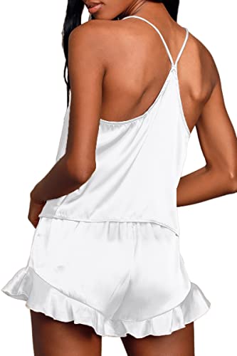 CHYRII Women's Sexy Cami Pajamas Sets Silk 2 PCS Lounge Sets with Ruffled Shorts Sleepwear White S