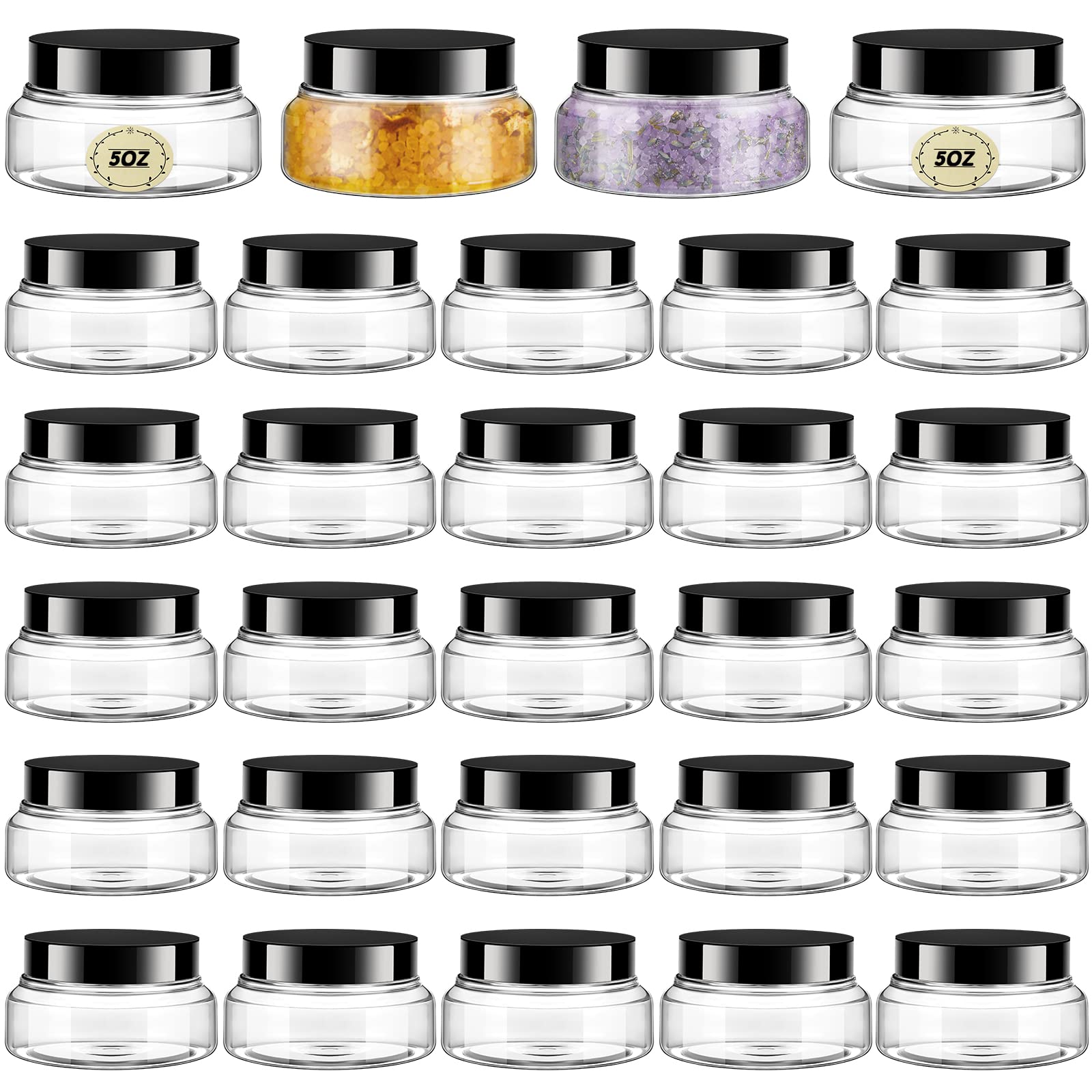 Tessco 24 Pack Plastic Jars with Lids Labels Empty Clear Plastic Jars Round Refillable Cosmetic Containers Body Butter Containers Bulk Sugar Scrub Bottle for Make Up(5 oz,Clear)