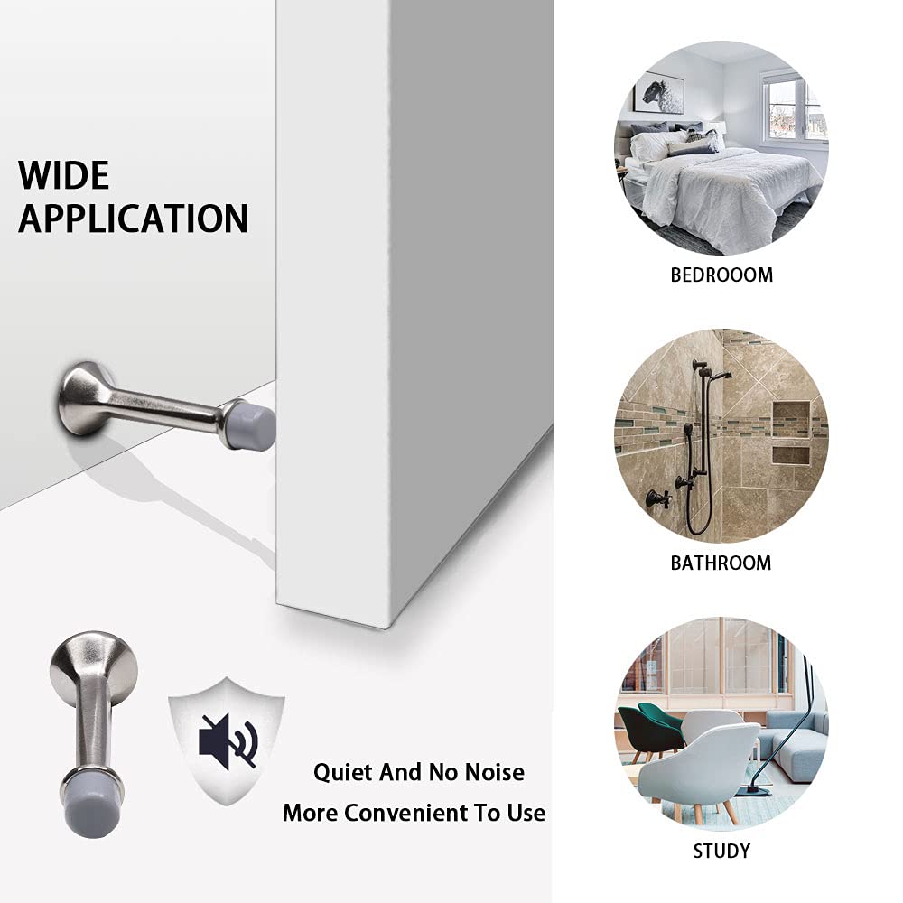 Cosnys 4 Pack 3" Heavy Duty Solid Rigid Door Stop with Soft Rubber Tip, Zinc Die Cast Metal Door Stopper Protect Wall & Door, Brushed Satin Nickel
