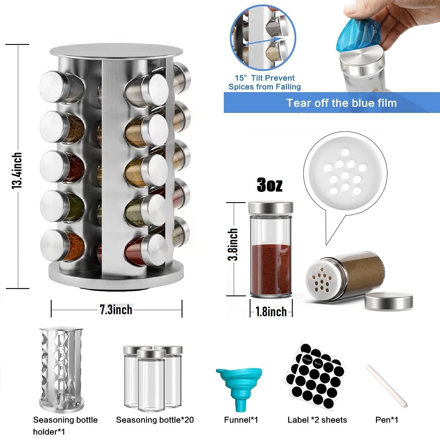 Revolving Spice Rack Organizer Countertop, Spinning Herb and Spice Storage Rack Tower Organizer with 20 Empty Jars, Rotating Spice Holder Shelf Seasoning Rack Shelf, Spice Seasoning Bottle Organizer