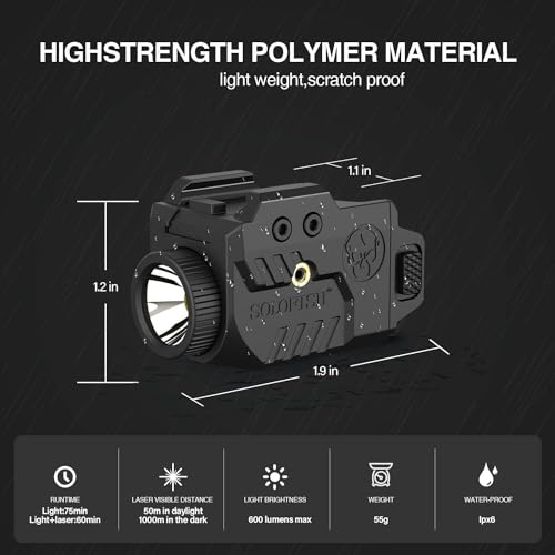 SOLOFISH 600lm Adjustable Pistol Light Laser Combo Fits for Full & Compact Rail, Shockproof Red Laser Sight and Gun Light with Strobe Function, Rechargeable (Laser Output is <5mW, Class IIIA)