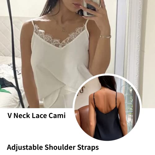 Ekouaer Women's 2 PCS Silk Satin Tank Top Lace Cami Spaghetti Strap Top Soft Camisoles Black & White L