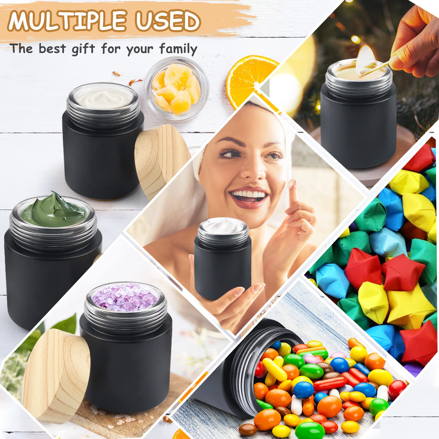 Furnido 6 Pack 8 oz Black Round Glass Jars,Empty Glass Cosmetic Containers with Plastic Wood Grain Lid,Inner Liners for Lotion,Powders,Ointments,Storage Creams,Candle Making