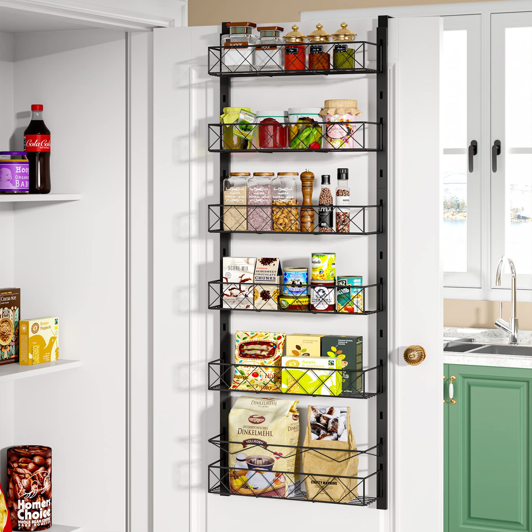 1Easylife Over The Door Pantry Organizer Rack, 6-Tier Adjustable Pantry Organization and Storage, Heavy-duty Metal Door Spice Rack with Detachable Baskets, Hanging Can Organizer for Kitchen Pantry