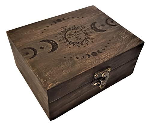 Engraved Wooden Tarot Box for Cards Crystal Holder | Sun and Moon Fortune Telling Astrology Trinket Keepsake Box. Fengshui Luck Talisman Decorative Gift Case/Holder
