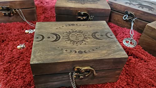Engraved Wooden Tarot Box for Cards Crystal Holder | Sun and Moon Fortune Telling Astrology Trinket Keepsake Box. Fengshui Luck Talisman Decorative Gift Case/Holder