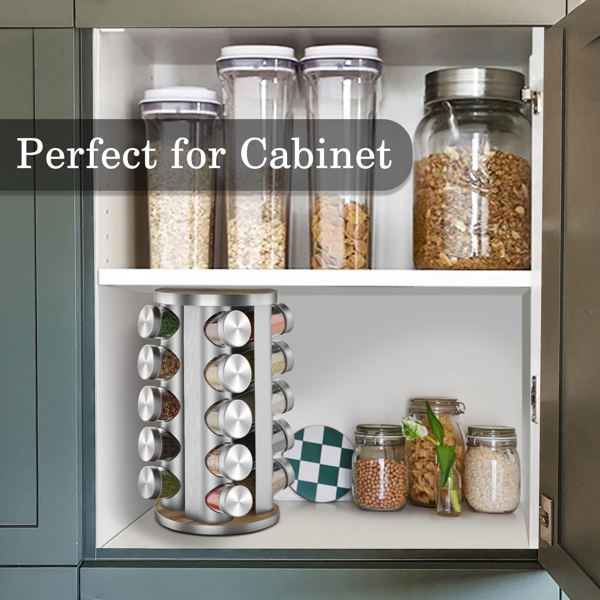 Revolving Spice Rack Organizer Countertop, Spinning Herb and Spice Storage Rack Tower Organizer with 20 Empty Jars, Rotating Spice Holder Shelf Seasoning Rack Shelf, Spice Seasoning Bottle Organizer