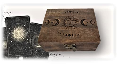 Engraved Wooden Tarot Box for Cards Crystal Holder | Sun and Moon Fortune Telling Astrology Trinket Keepsake Box. Fengshui Luck Talisman Decorative Gift Case/Holder