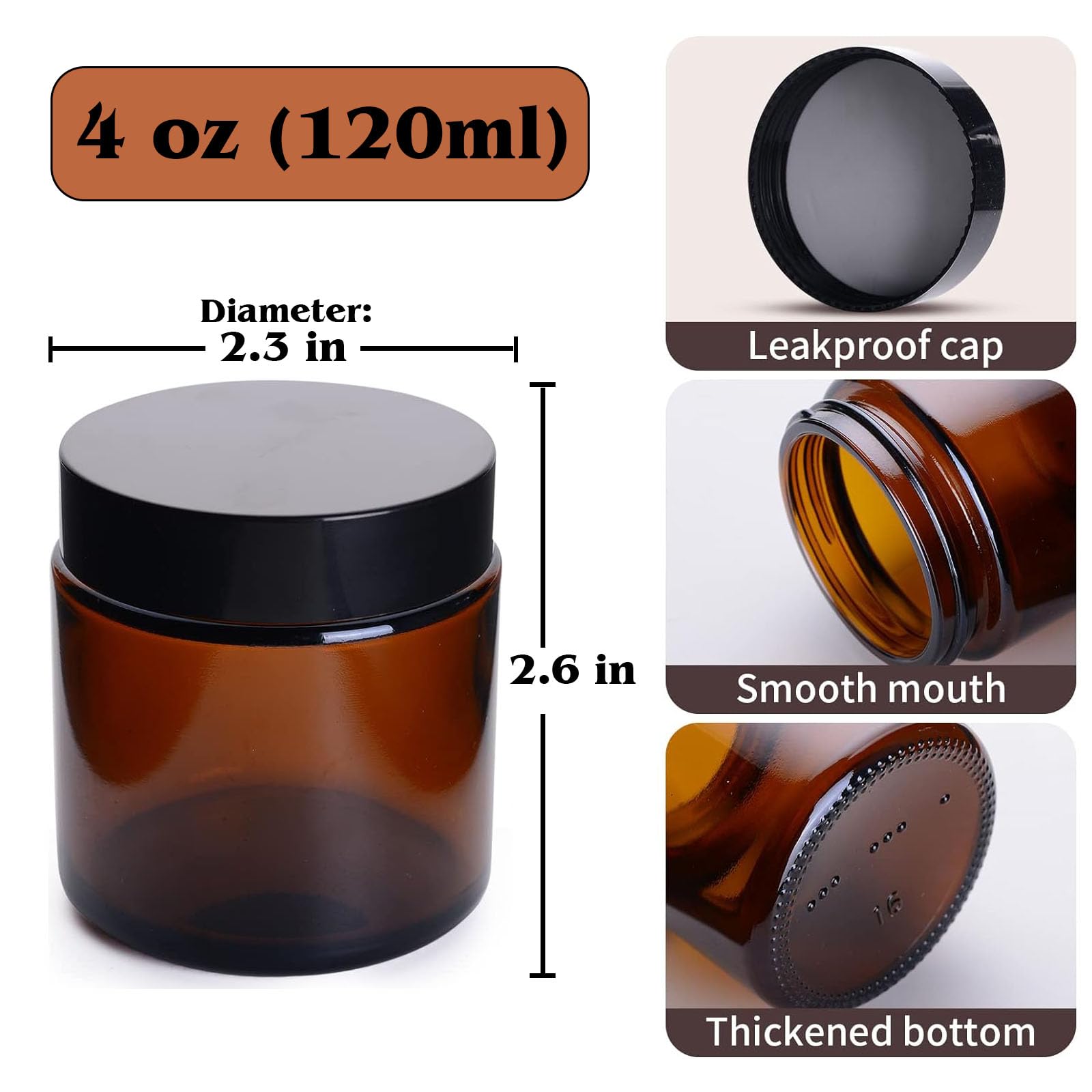Roemey 4oz Amber Glass Jars with Lids, Candle Jars with Metal and Plastic Lids, 12 Pack Glass Cosmetic Containers with Inner Liners for Creams, Lotions, Bath Salts, Essential Oil
