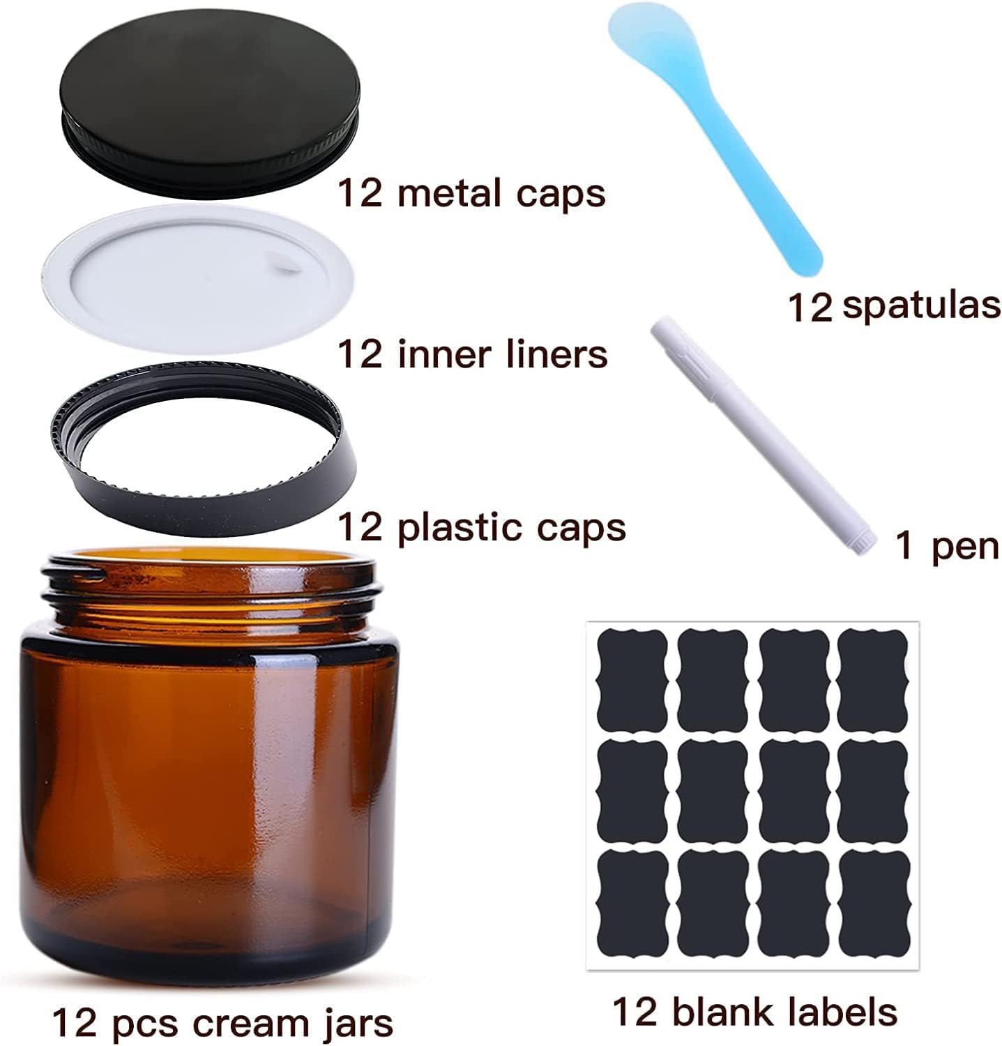 Roemey 4oz Amber Glass Jars with Lids, Candle Jars with Metal and Plastic Lids, 12 Pack Glass Cosmetic Containers with Inner Liners for Creams, Lotions, Bath Salts, Essential Oil