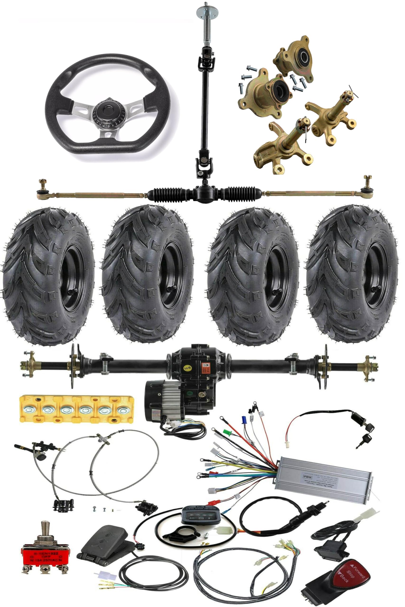 YC Yier 34" Go Kart Rear Axle Kit & 48V 1000W Electric Brushless Motor Controller Differential &145/70-6" Wheels Tires + Front Steering Shaft for ATV Quad Buggy 4 Wheelers Dolly Cart Trike Tricycle…