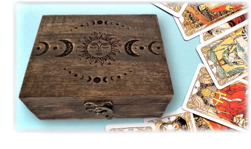 Engraved Wooden Tarot Box for Cards Crystal Holder | Sun and Moon Fortune Telling Astrology Trinket Keepsake Box. Fengshui Luck Talisman Decorative Gift Case/Holder