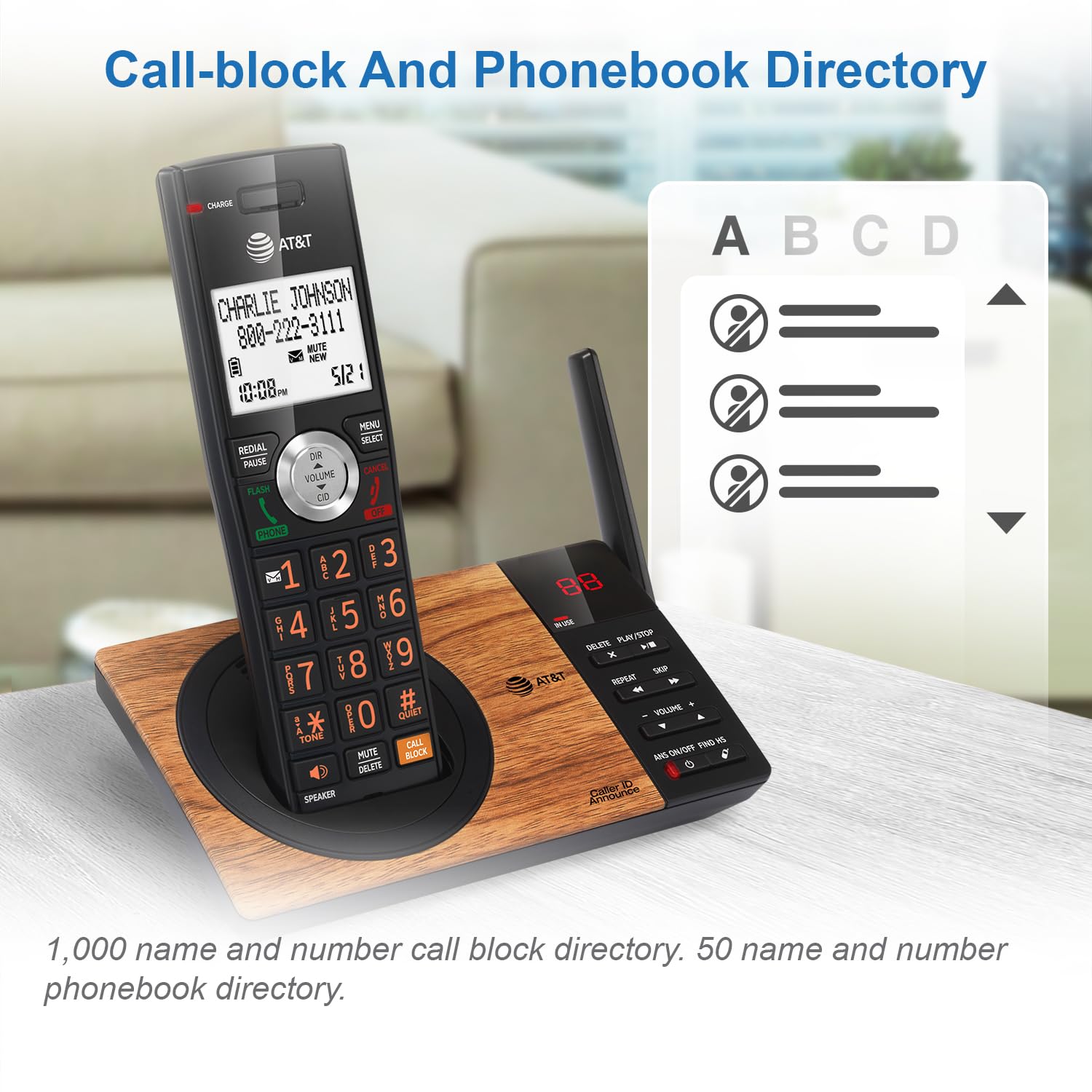 AT&T CL82267 DECT 6.0 2-Handset Cordless Phone for Home with Answering Machine, Call Blocking, Caller ID Announcer, Intercom and Long Range, Black & Wood Grain Finish