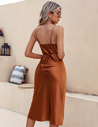 Ekouaer Women's Satin Nightgown Adjustable Sleeveless Spaghetti Strap Silky Satin Midi Slip Dress Silk Sleepwear Sleepwear Nightshirts Rust Brown