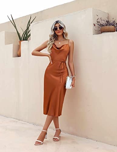 Ekouaer Women's Satin Nightgown Adjustable Sleeveless Spaghetti Strap Silky Satin Midi Slip Dress Silk Sleepwear Sleepwear Nightshirts Rust Brown