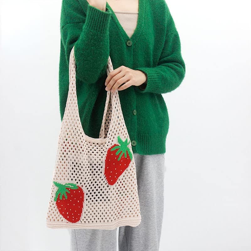 Fairycore Hobo Bag Y2K Fairy Grunge Strawberry Crochet Tote Bag Aesthetic Indie Shoulder Handbags Mesh Purse Accessory (Green,21.5"x12.5")