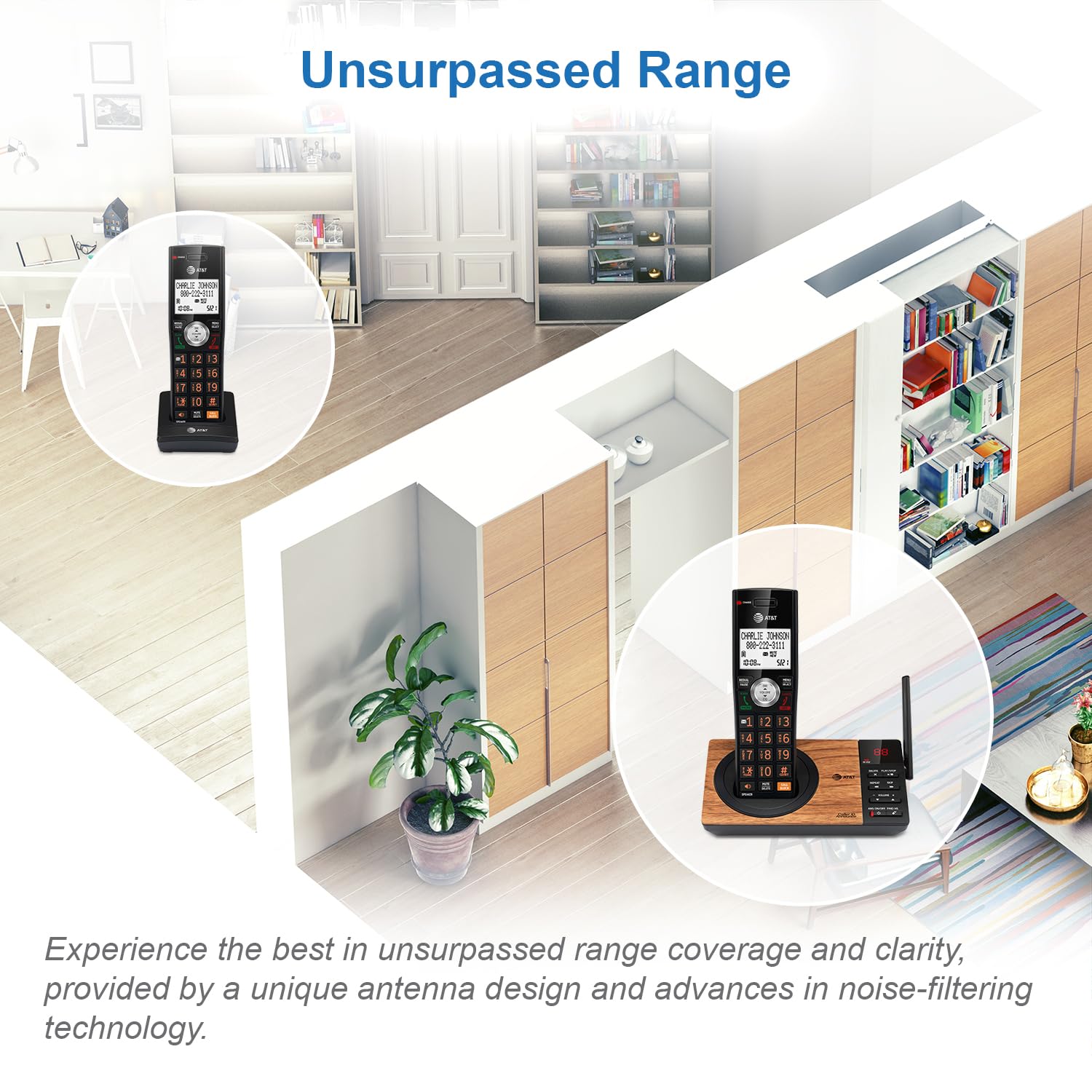 AT&T CL82267 DECT 6.0 2-Handset Cordless Phone for Home with Answering Machine, Call Blocking, Caller ID Announcer, Intercom and Long Range, Black & Wood Grain Finish