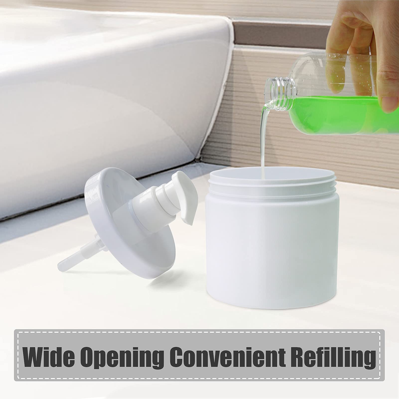 Cosywell Pump Bottle Dispenser Plastic Pump Bottles Refillable Bottles Wide Mouth Jar Style Empty Pump Bottles Bathroom Shower Containers for Lotion Shampoo Conditioner (White, 2X 500ml)