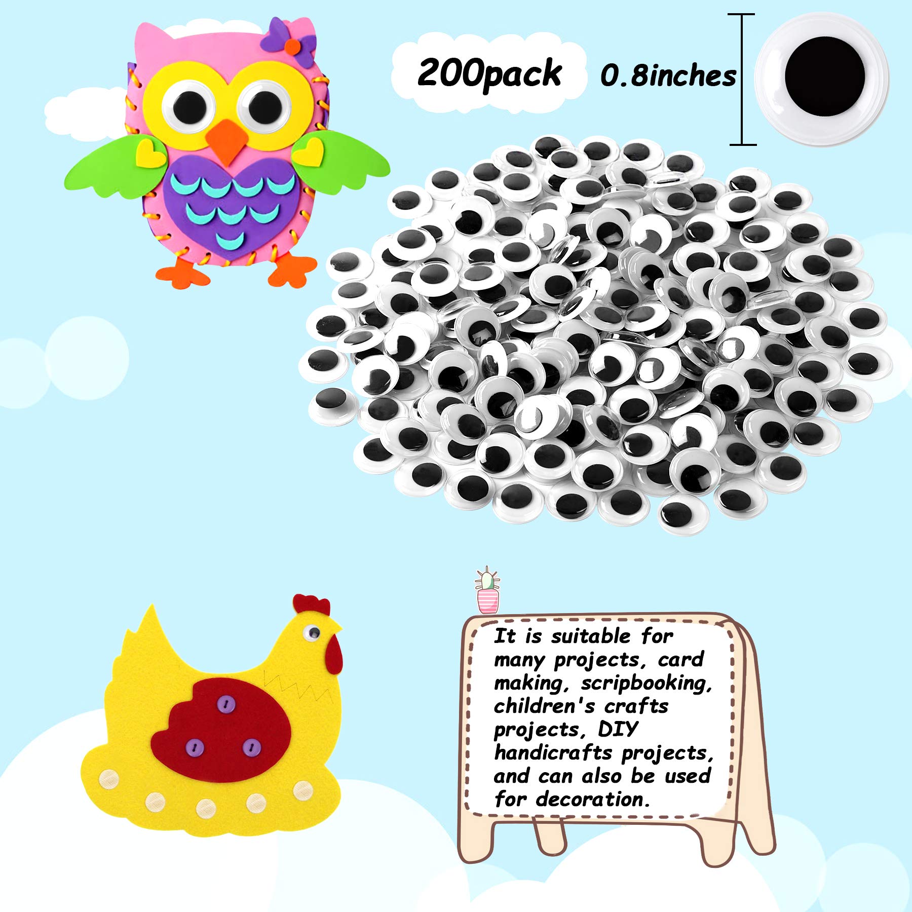 200 Pieces Wiggle Eyes Self Adhesive Black White Googly Eyes for DIY Crafts Decoration (20mm)