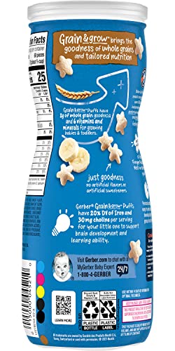 Gerber Snacks for Baby Grain & Grow Puffs, Banana, Puffed Whole Grain Snack for Crawlers, Non-GMO & Baby Led Friendly, 1.48-Ounce Canister (Pack of 3)