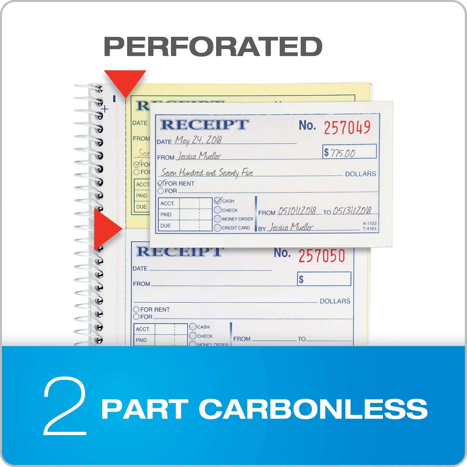 Adams Money and Rent Receipt Book, 2-Part Carbonless, 5-1/4" x 11", Spiral Bound, 200 Sets per Book, 4 Receipts per Page (SC1152)