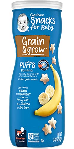 Gerber Snacks for Baby Grain & Grow Puffs, Banana, Puffed Whole Grain Snack for Crawlers, Non-GMO & Baby Led Friendly, 1.48-Ounce Canister (Pack of 3)