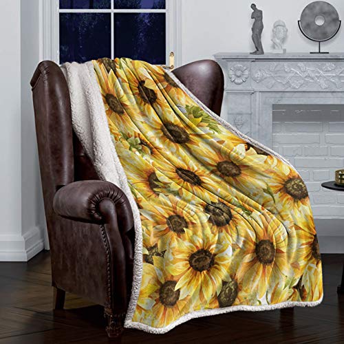 SEVENBABU Watercolor Art Yellow Sunflower Fleece Throw Blanket Reversible Sherpa Fleece Bedding, Soft Fuzzy Blanket Warm Coral Plush Blanket for Bed Sofa, 49"x59"