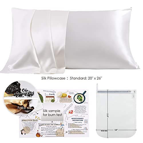 PROMEED 23 Momme White Silk Pillowcase for Hair and Skin, 100% Natural Mulberry Silk Pillow Case for Sensitive Skin, Breathable and Soft Acne Pillowcase (Standard 20"x26", White)